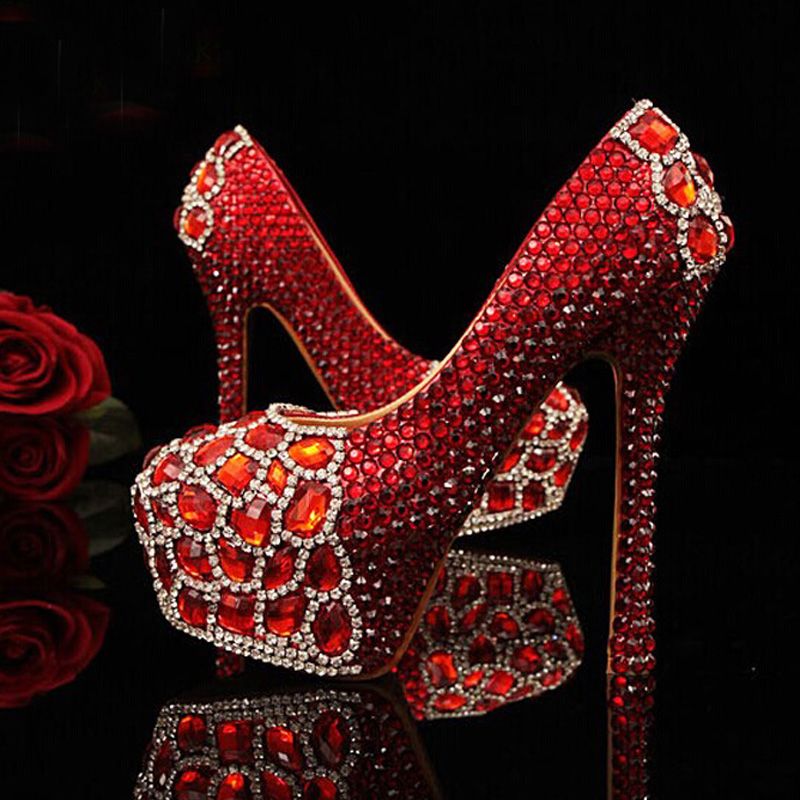 Newest Round Toe Red Crystals With Red Diamonds Rhinestones Bridal ...