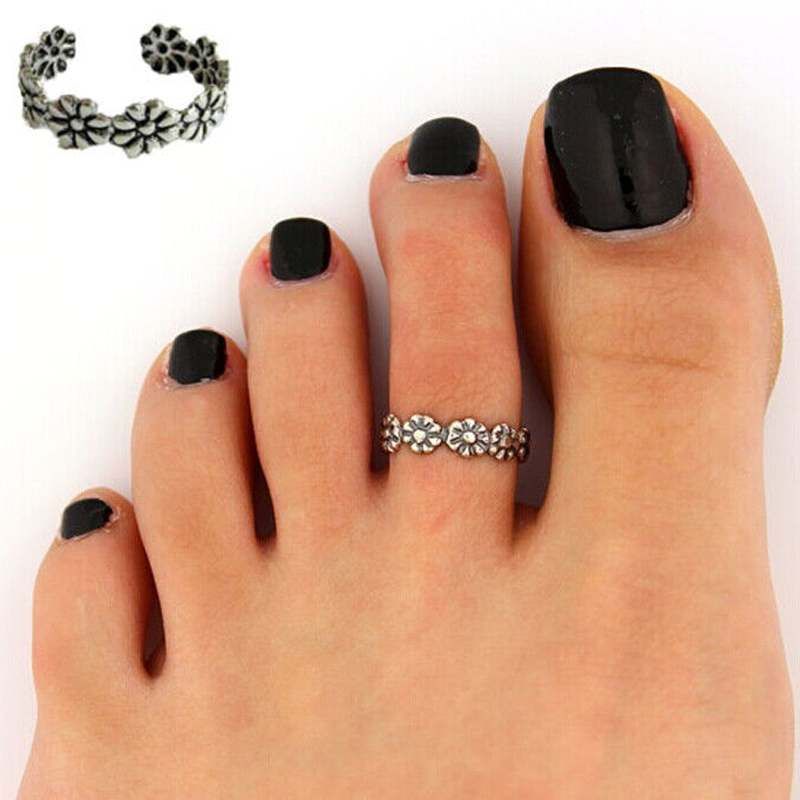 Women Toe Rings Celebrity Vintage Flower Carved Band Ring Silver Plated ...