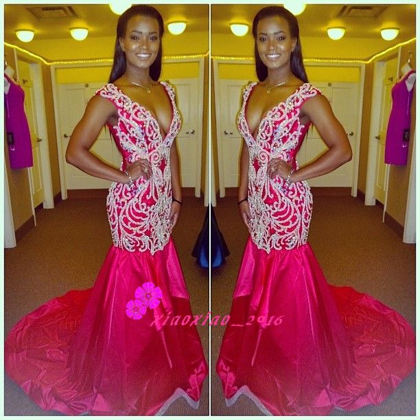 Luxury Major Beading 2016 Mermaid Prom Dresses With Sexy Deep V Neck