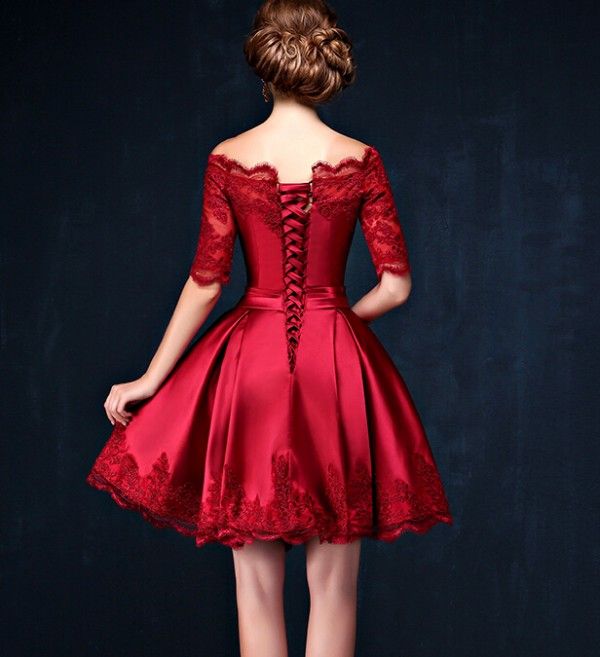 Dark Red Short Prom Dresses A Line Sheer Bateau Neckline Illusion Lace ...