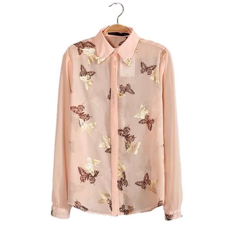 2019 Women Blouses Butterfly Gold Foil Print Chiffon Blouse Nice Summer