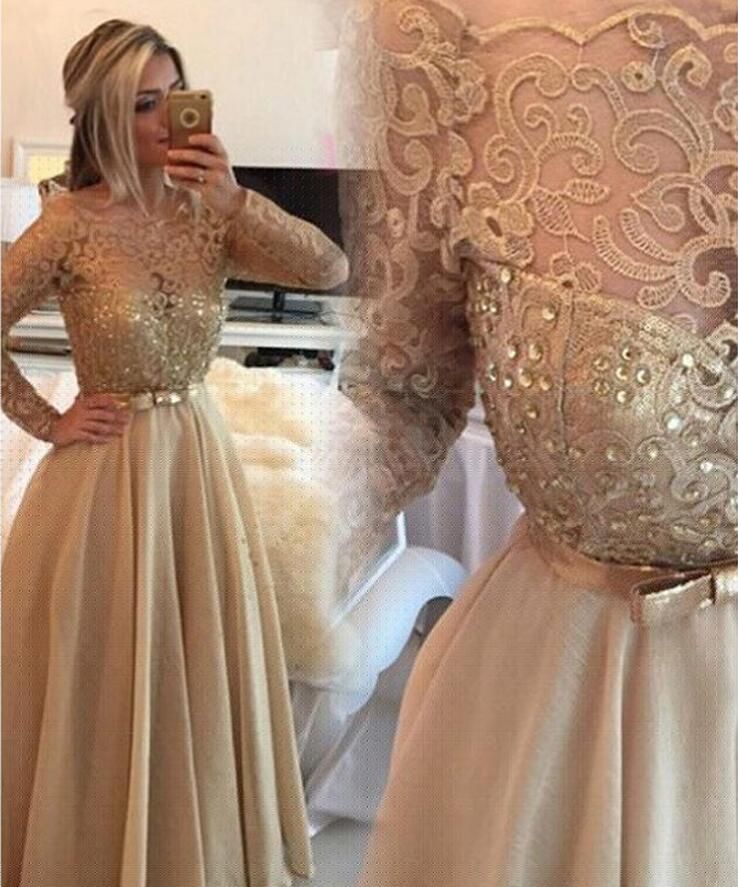 Gold Prom Dresses With Long Sleeve Chiffon And Lace A-line 2017 Formal ...
