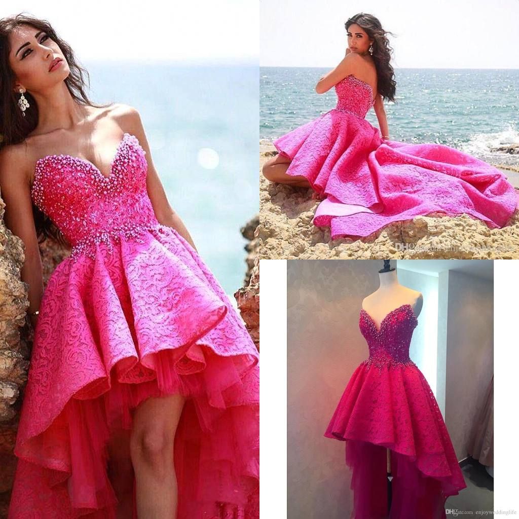 Fuchsia High Low Fashion Prom Dresses 2016 Sweetheart Beads Crystal
