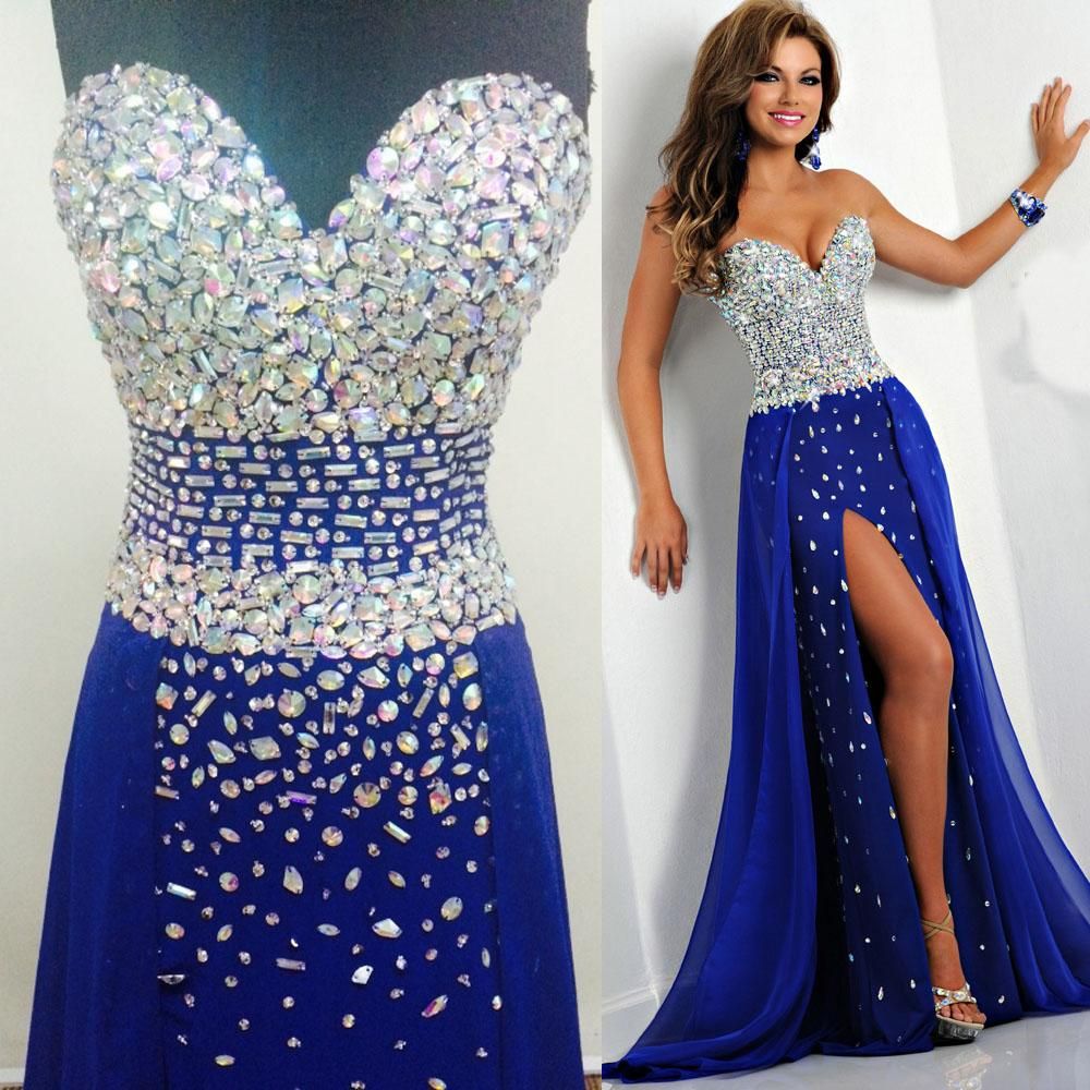 Bling Royal Blue Prom Dresses Real Pictures Sweetheart Crystal Evening ...