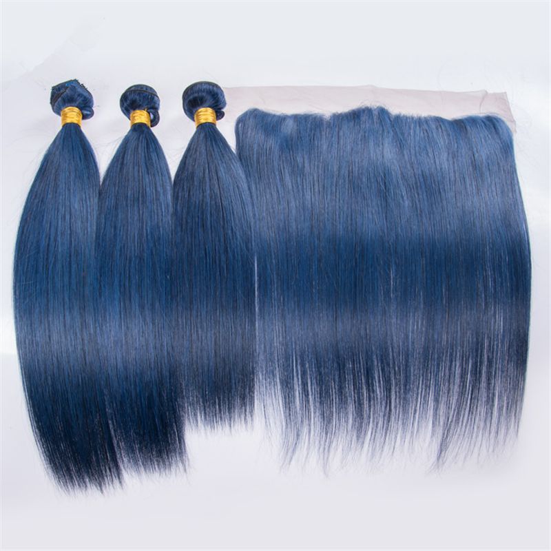 2020 8A Brazilian Light Blue Straight Hair Bundles With Lace Frontal ...