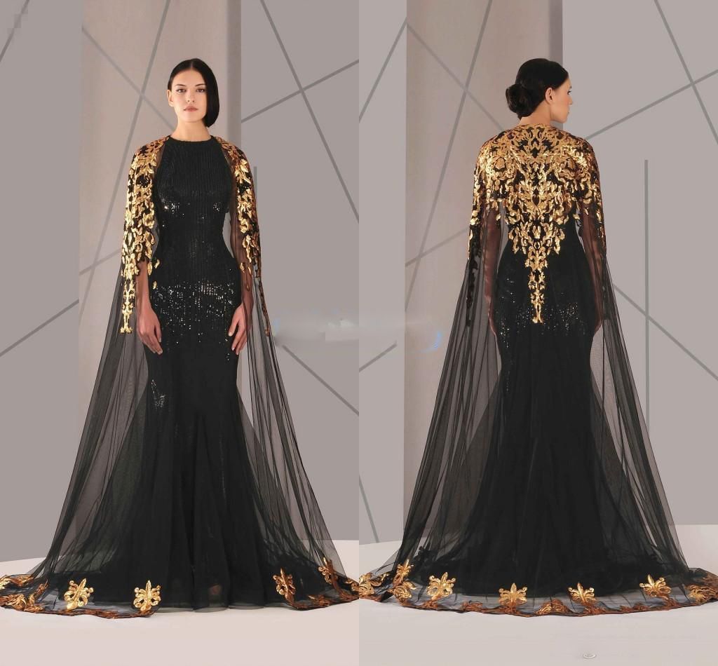 Arabic Black Evening Dresses With Sparkly Gold Applique Tulle Cape 2017
