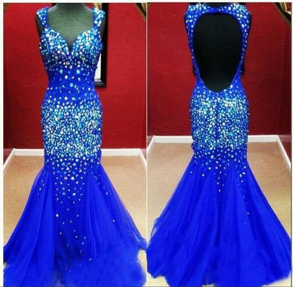 Sparkly Royal Blue Backless Prom Dress Mermaid Sweetheart Neckline