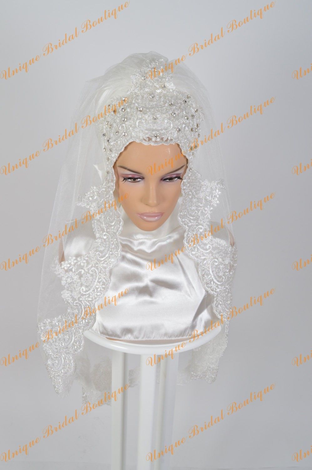 Luxury Muslim Wedding Veils 2016 With Lace Appliqued Edge And Crystals ...