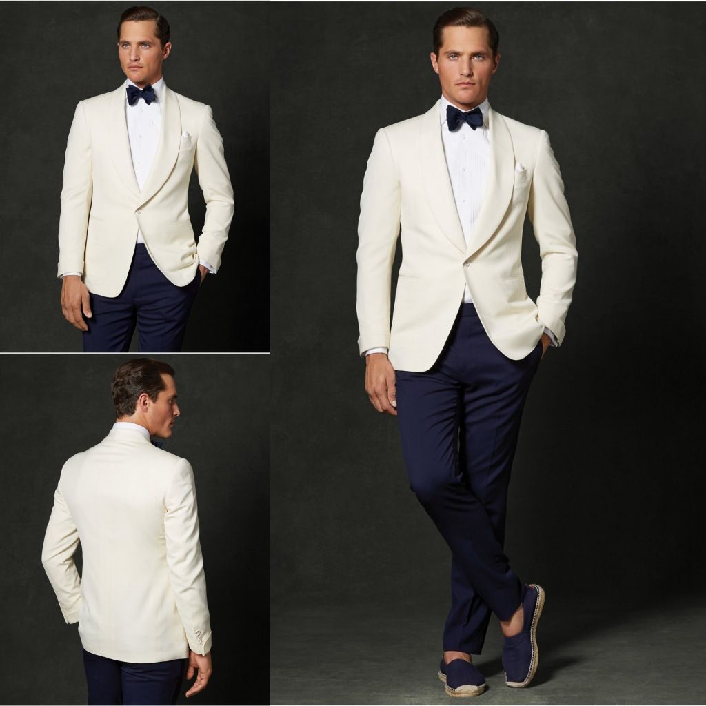Handsome Ivory And Navy Slim Fit Groom Tuxedos Custom Made Men Business ...