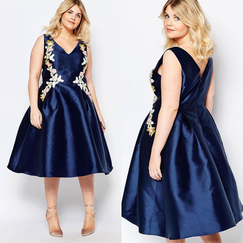 Navy Blue Plus Size Short Prom Dresses V Neck A Line Appliqued Special ...
