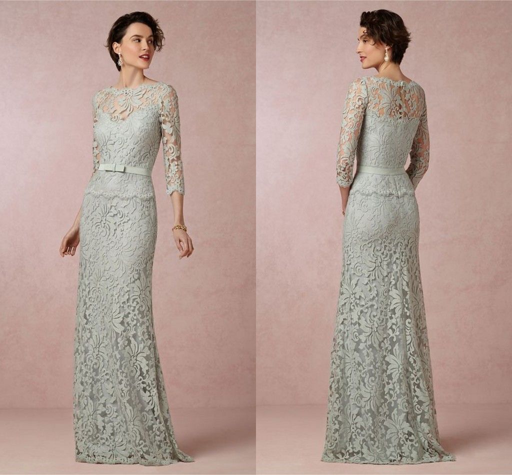 Sage Mint Lace Mother Of The Bride Dresses Bateau Neck Long Sleeves ...