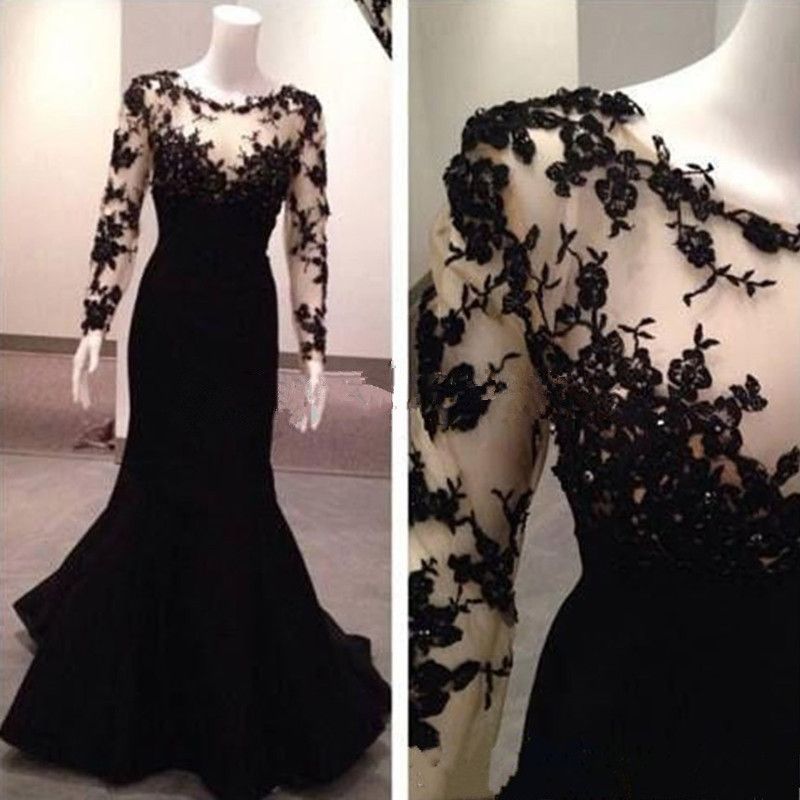 Mermaid Elegant Long Sleeve Black Evening Dress Evening Gown With Lace