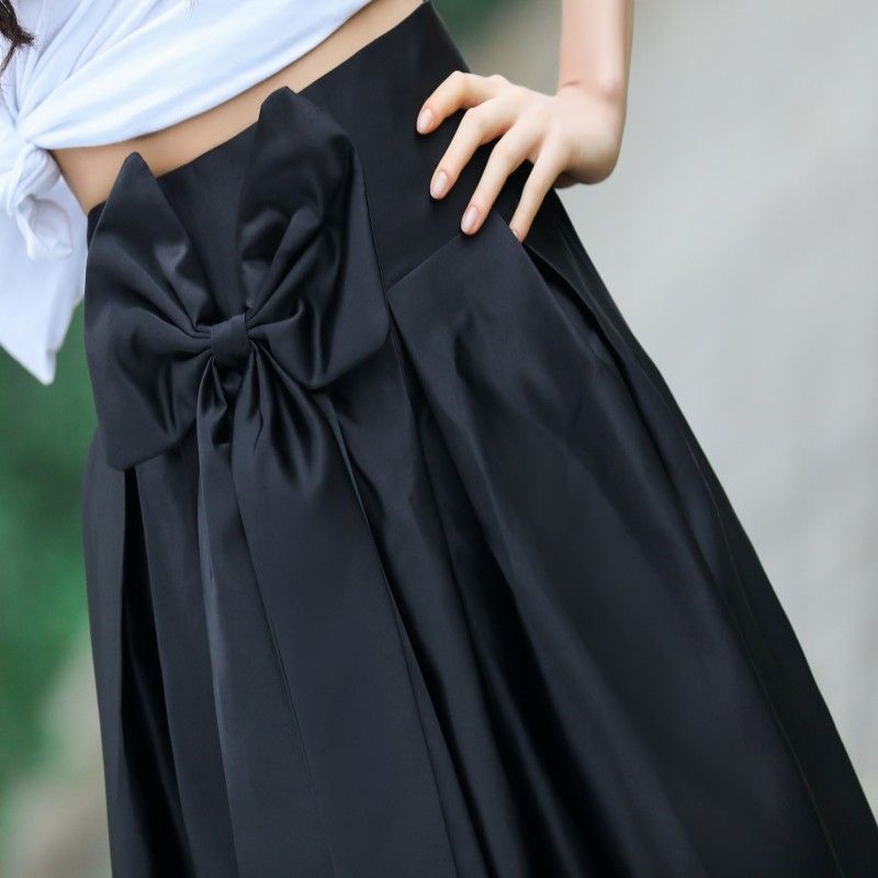 Wholesale Black High Low Skirt With Bow On Waist New Fashion Taffeta Ruffles Women Long Skirts