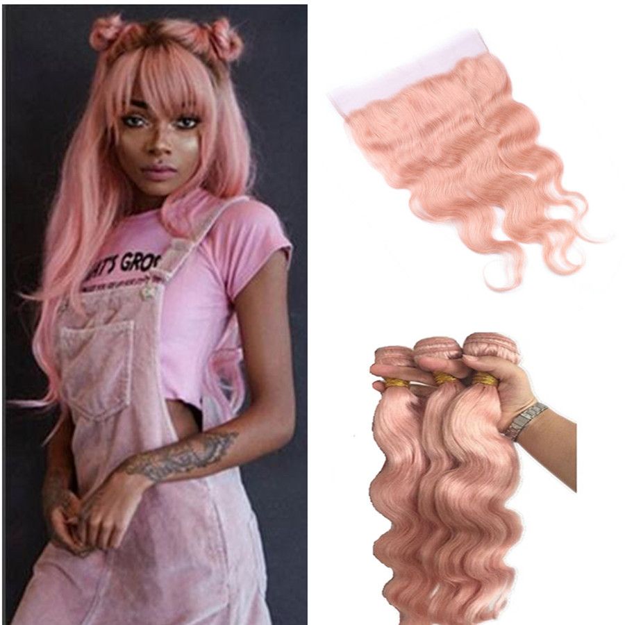 2019 Rose Gold Human Hair Bundles With Lace Frontal Closure Pink Body ...