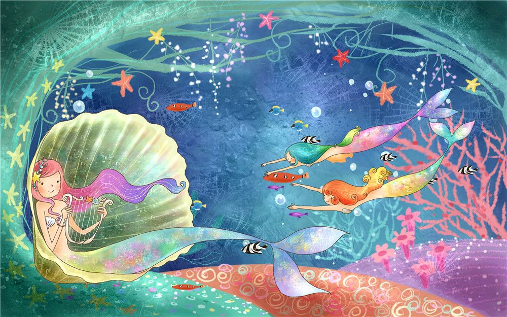 2019 Fairy Tale Mermaid Background Bubbles Little Mermaids Swimming ...
