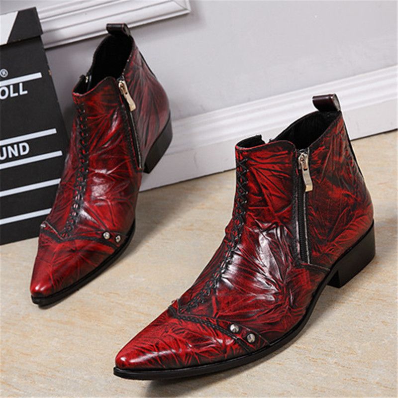 Compre 2018 Design Wine Red Men Botines Con Doble Cremallera Botas De ...