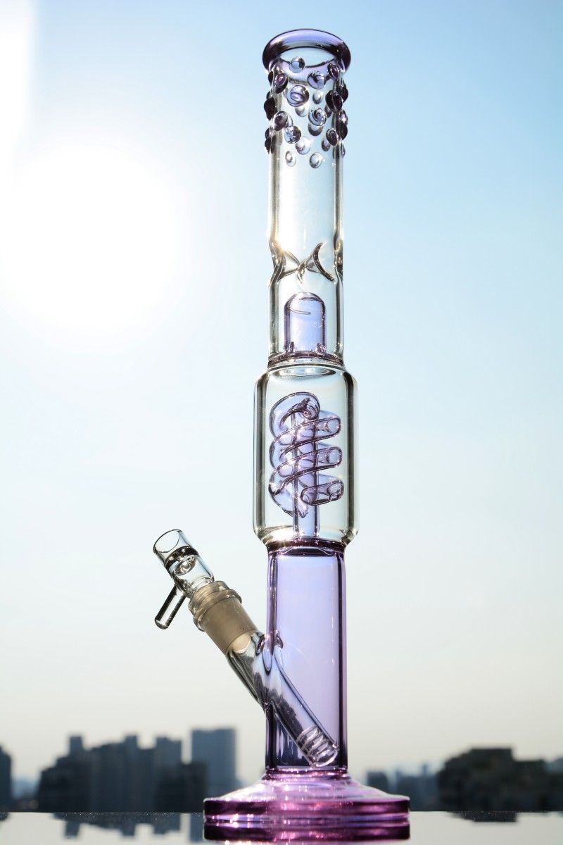 2020 Lavender Double Chamber Glass Bongs With Coil Percolator Downstem ...