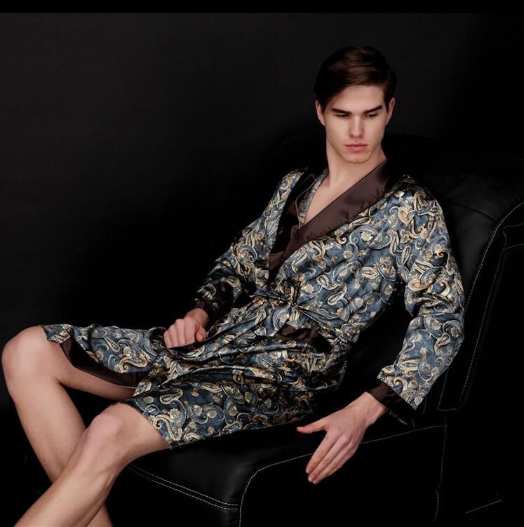 Men Silk Satin Nightgown Sleepwear Robes Bathrobes Nightwear Nightdress ...