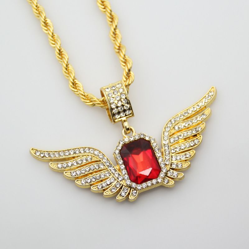 Hip Hop Angel Wings with Big Red Ruby Pendant Necklace for Men Women ...