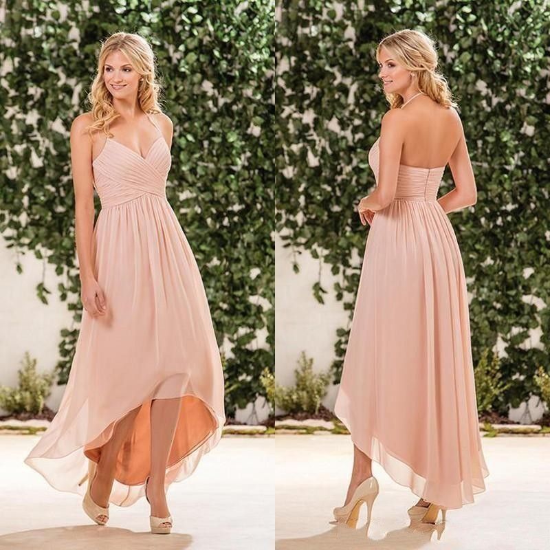 Blush Pink High Low Chiffon Bridesmaid Dresses Halter V Neck Pleats