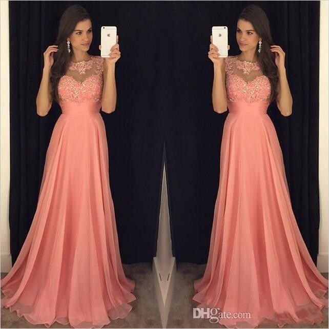 2017 Sexy New Coral Pink Prom Dresses Jewel Neck Illusion Sleeveless