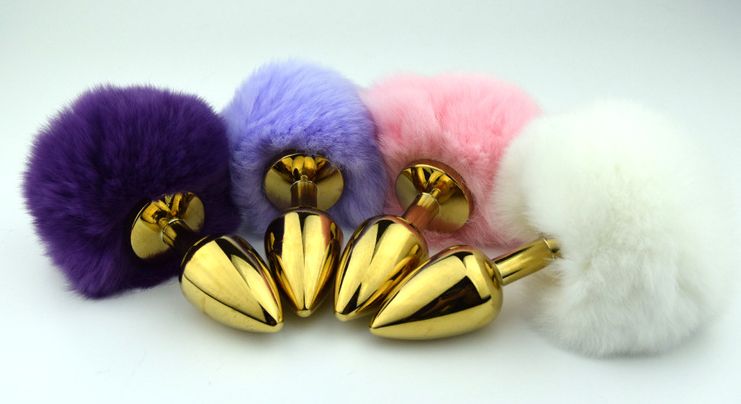Small Size Silicone Rabbit Tail Anal Plug Bunny Butt Plug Gold Metal ...