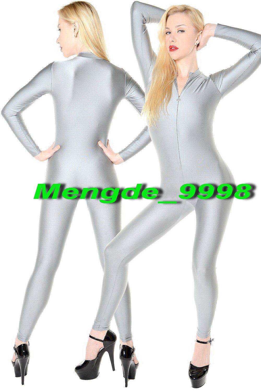 2019 Silver Gray Lycra Spandex Bodysuit Catsuit Costumes Sexy Front Zip