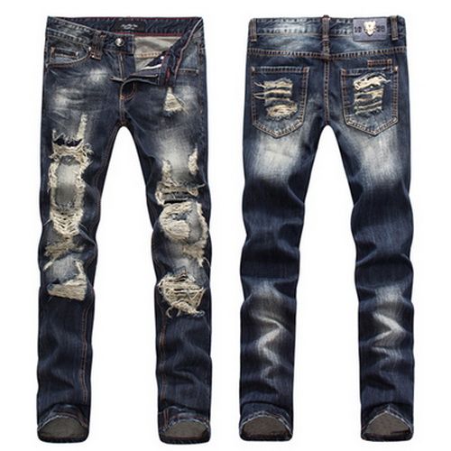 2018 Destroyed Effect Jeans Leather Patch Damage Hole Wash Pencil Leg ...