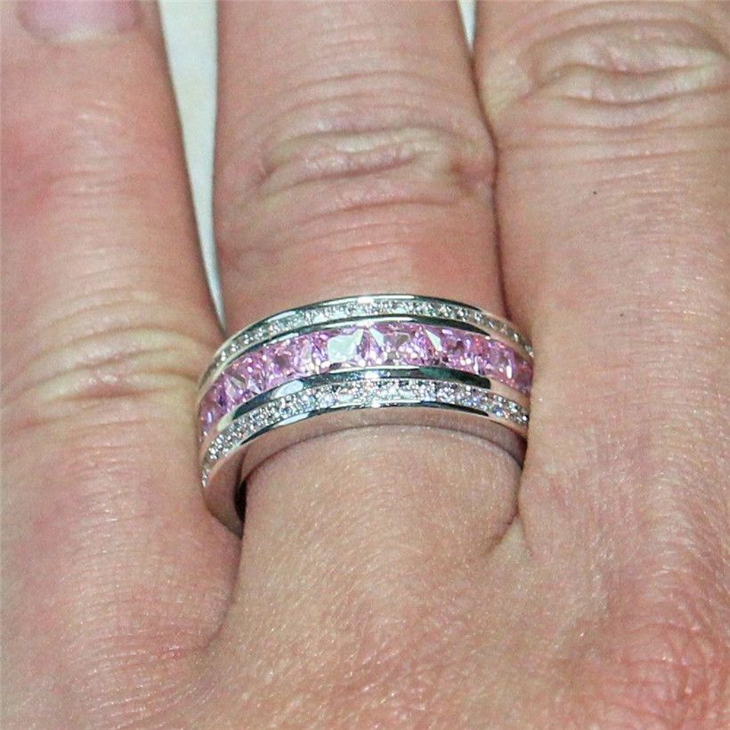 2020 Luxury Princess Cut Pave 8*8mm Pink Topaz Gemstone Ring Fashion ...
