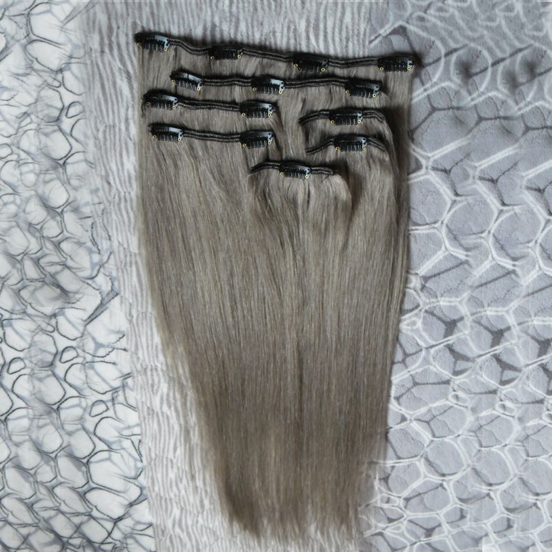 Silver Gray Hair Extensions 100g Straight Human Hair Clip Ins Clip In ...