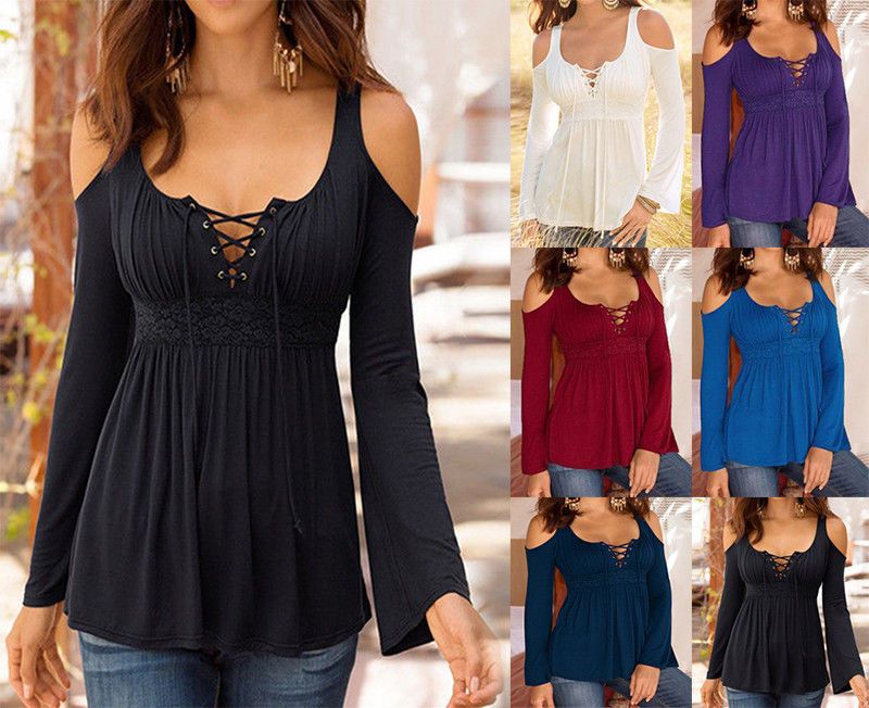 Plus Size Fashion Low Cut Womens Long Sleeve Off Shoulder Lace Up Neck