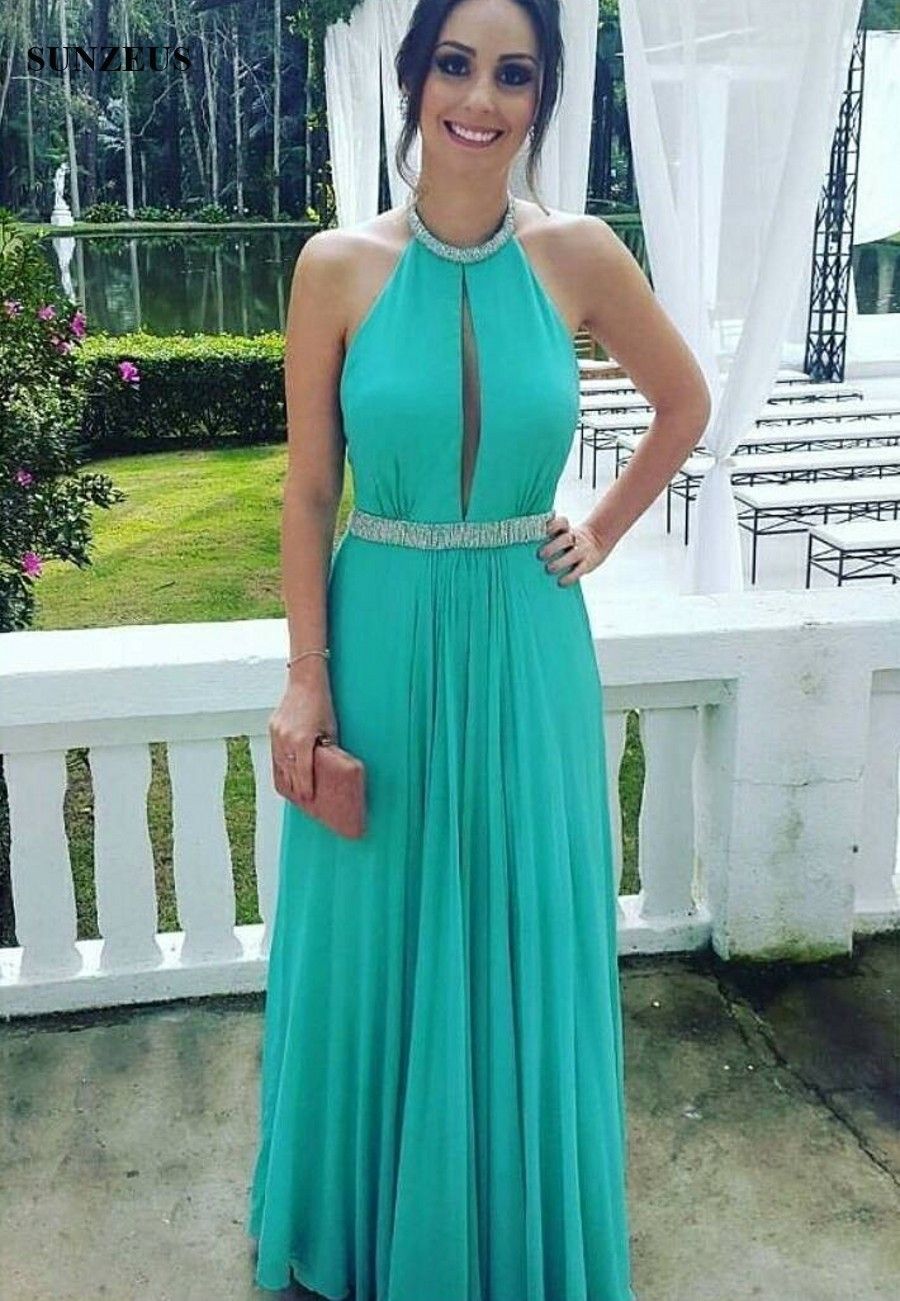 Compre Vestido De Fiesta Color Turquesa Una Línea De Cuentas Con Cuello ...