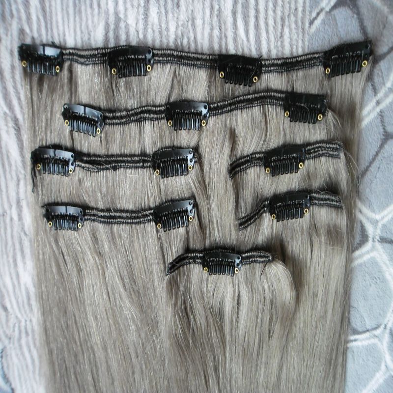 Silver Gray Hair Extensions 100g Straight Human Hair Clip Ins Clip In ...