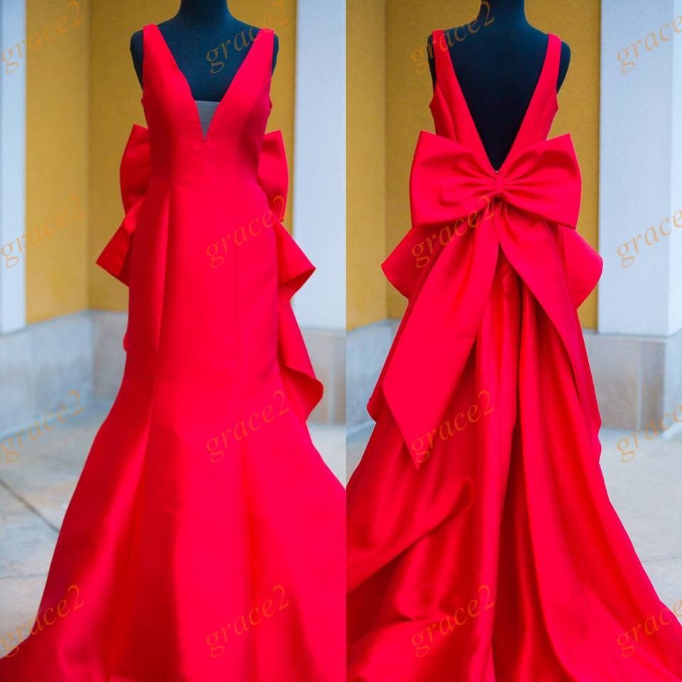 Big Bow Prom Dresses 2017 New with Illusion V-Neck And Deep V Back Real ...