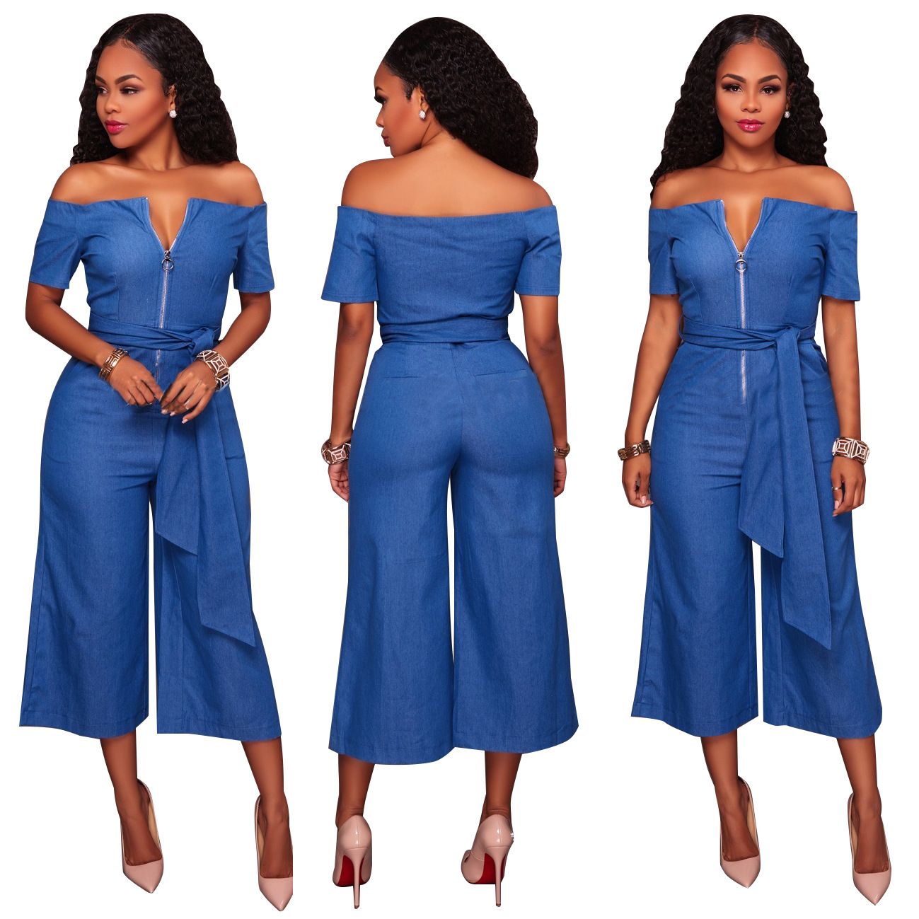 Casual Fashion Denim Jumpsuits Rompers Off Shoulder Short Sleeve Short