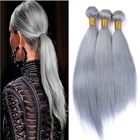 Virgin Brazilian Silver Grey Human Hair Extensions Silky Straight ...