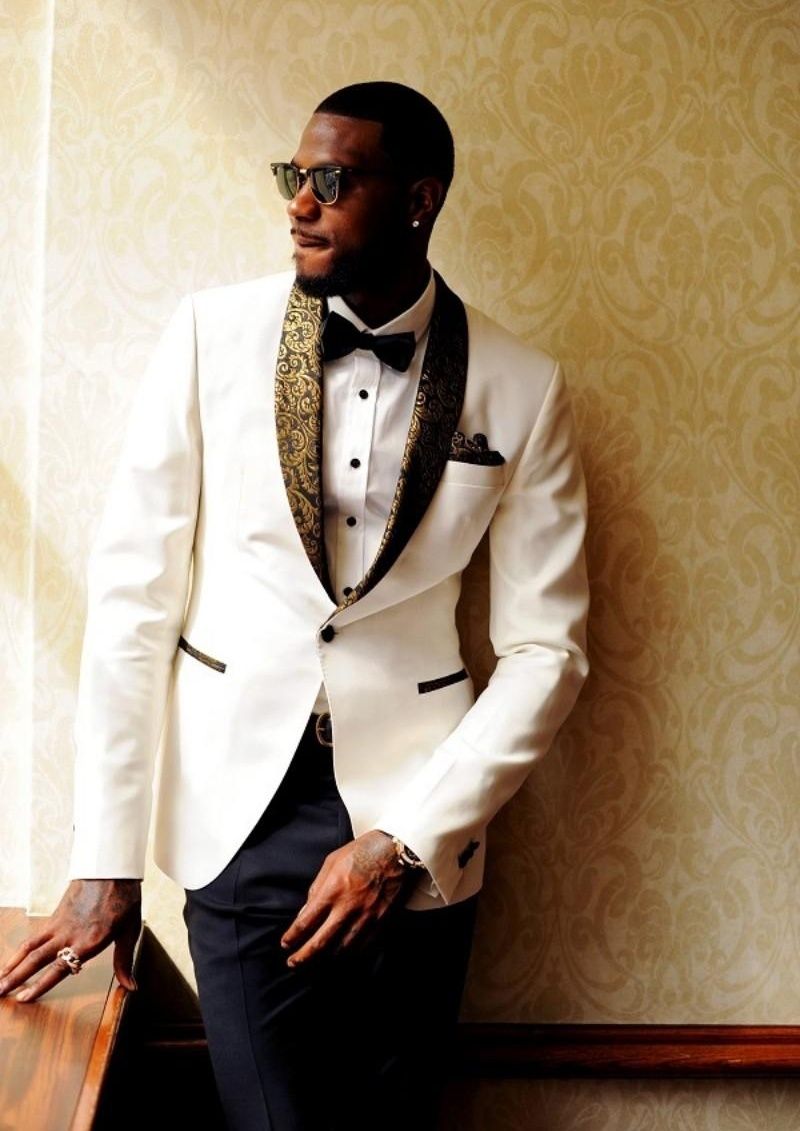 Hot Sale White Wedding Tuxedos Slim Fit Gold Pattern Laple Suits For ...