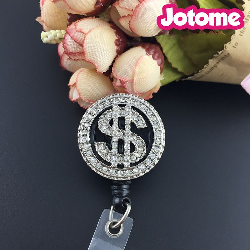 2021 Bling Rhinestone Silver Money Sign Dollar Retractable Badge Reel ...