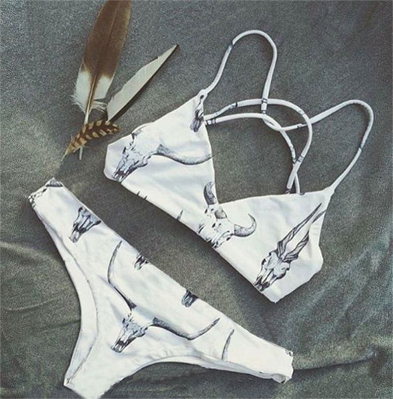 Lady Swimwear White Tau Cow Skull Print Sling Triangle Woman Swimsuit Femme Bikini Summer Beach