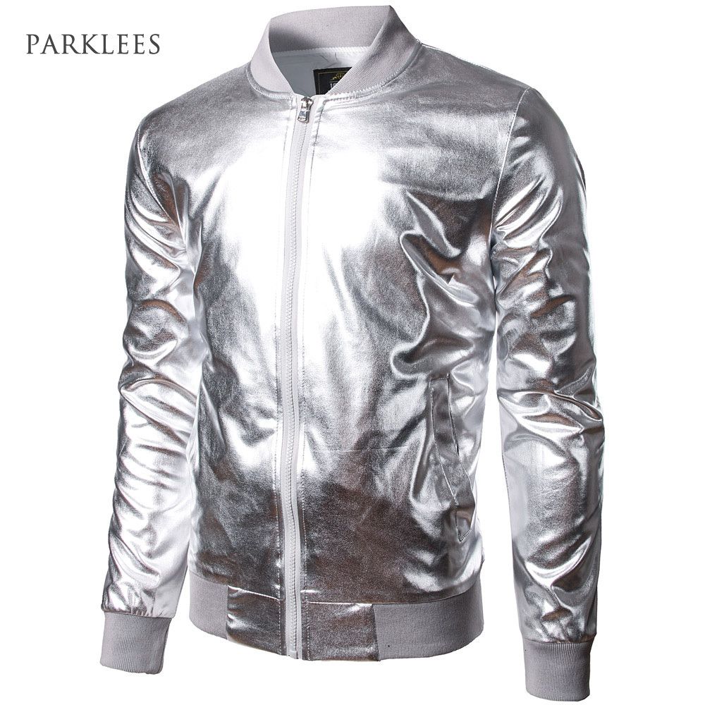 Baseball Jacket Men/Boy Shiny Silver Stand Collar Bomber Jackets Casual ...