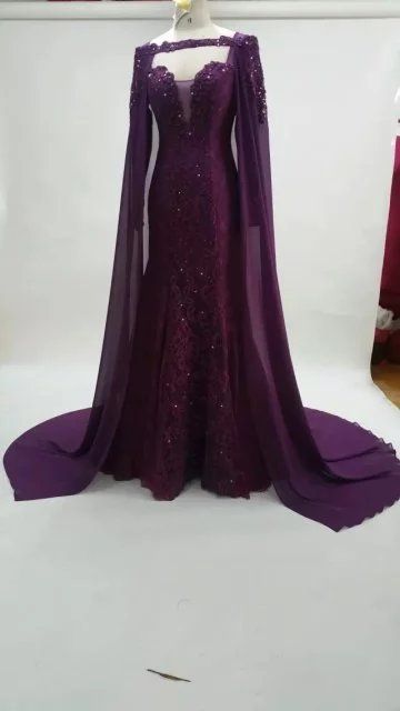 Purple Evening Dresses With Cape Long Sleeve African Evening Gowns Real ...