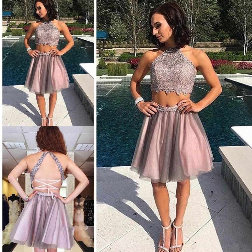 2019 Newest Halter Neck Tulle Homecoming Dresses Two Pieces Mini Short