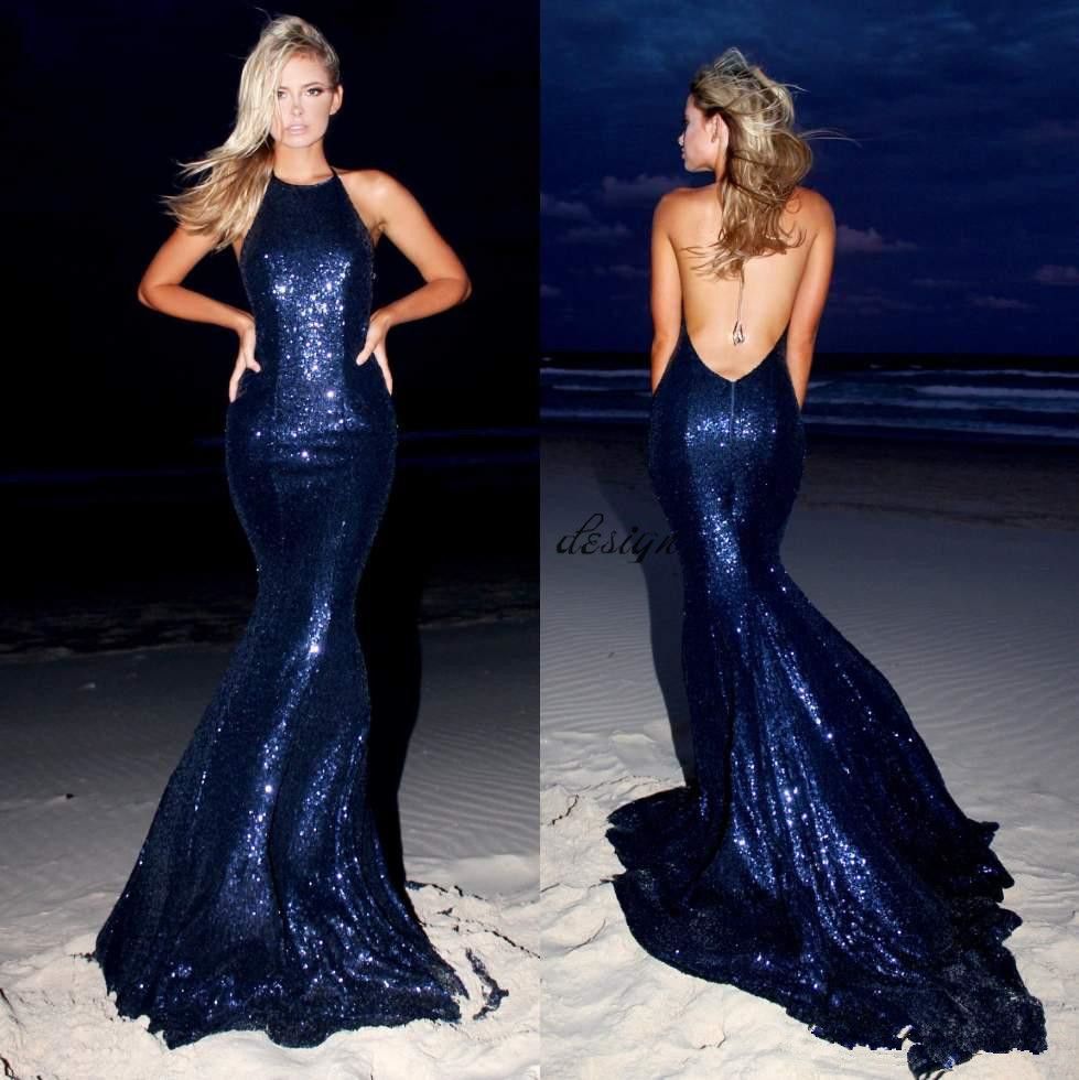 Navy Blue Bling Sequined Prom Dresses Halter Neck Backless Evening ...