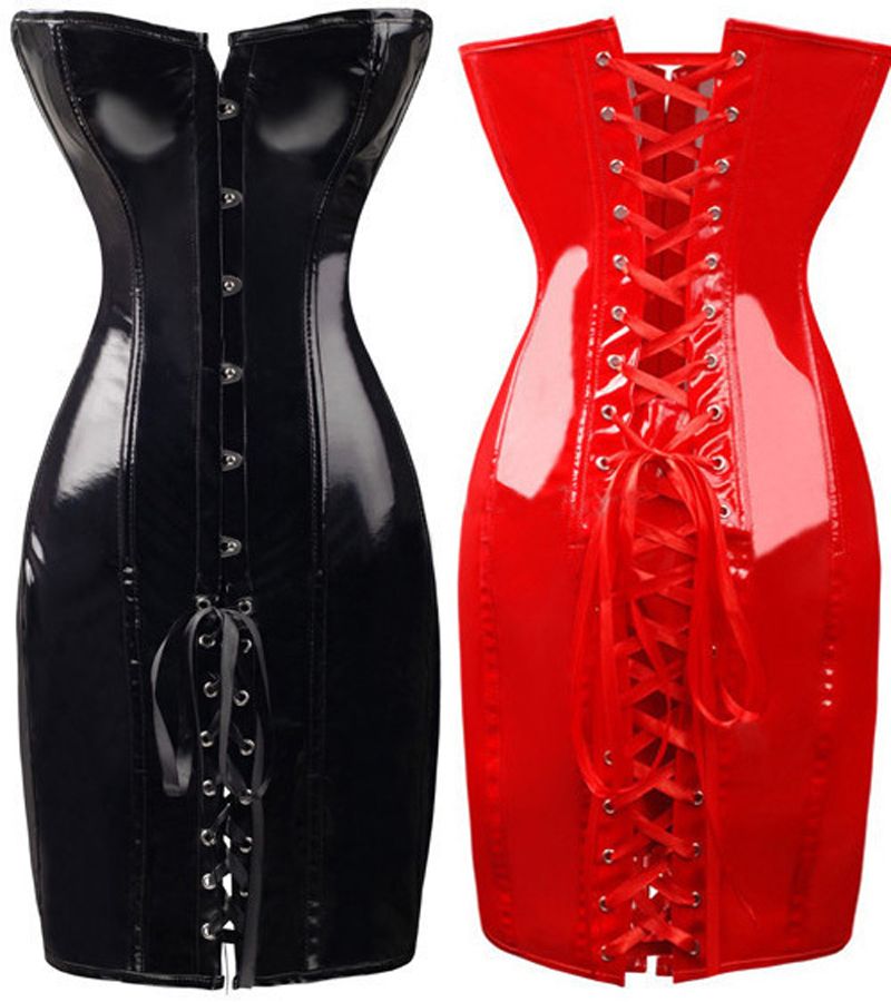 2021 S Xl Black Red Women Sexy Pvc Corset Dress Lace Up Back Boned