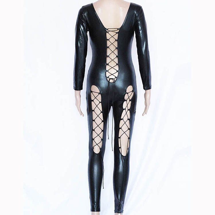 2021 Sexy Women Erotic Latex Catsuit With Side Bandages Faux Leather