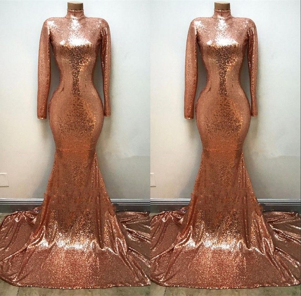 Elegant Rose Gold Sequined Prom Dresses 2018 Mermaid Long Sleeves High ...