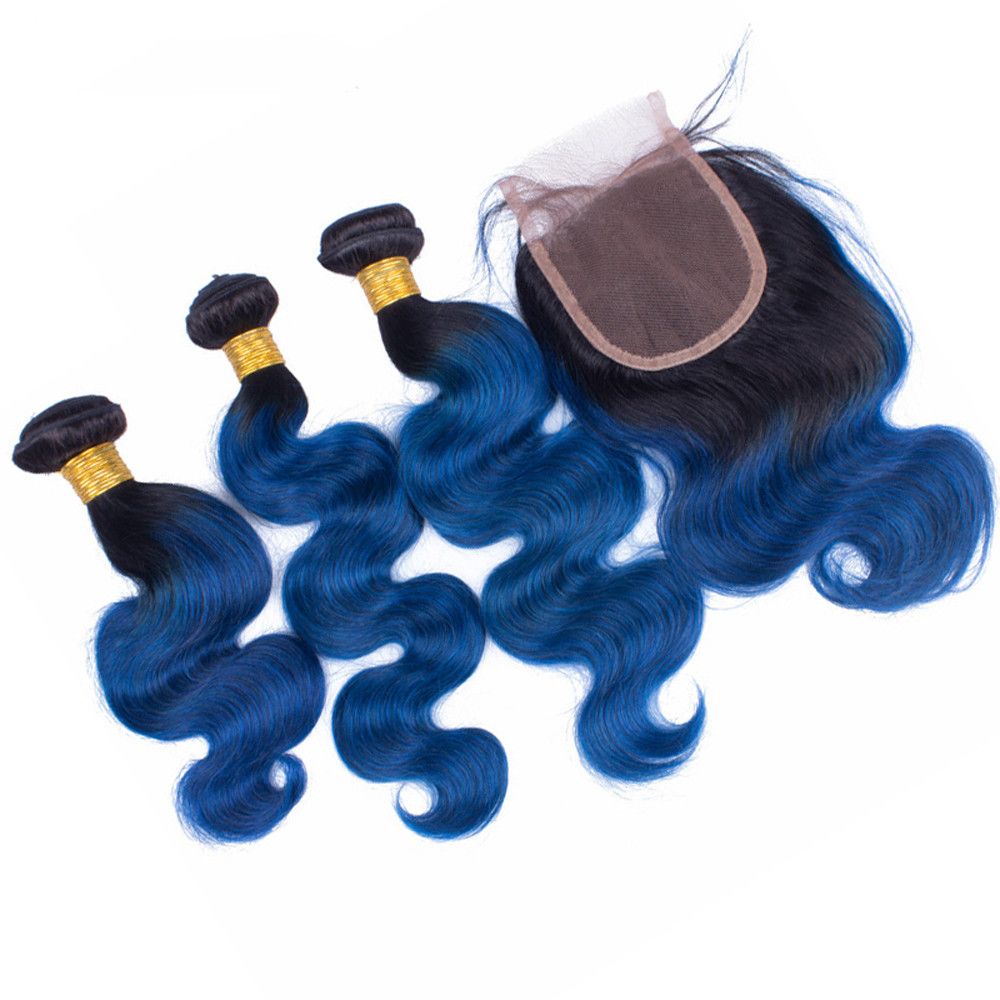 2021 Brazilian Ombre Blue Human Hair Bundles With Lace Closure Body ...