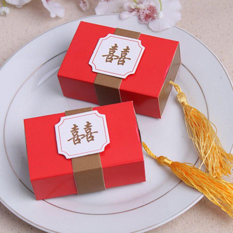2021 Chinese Wedding Candy Box Red Happiness Square Kraft Paper Hi Word ...