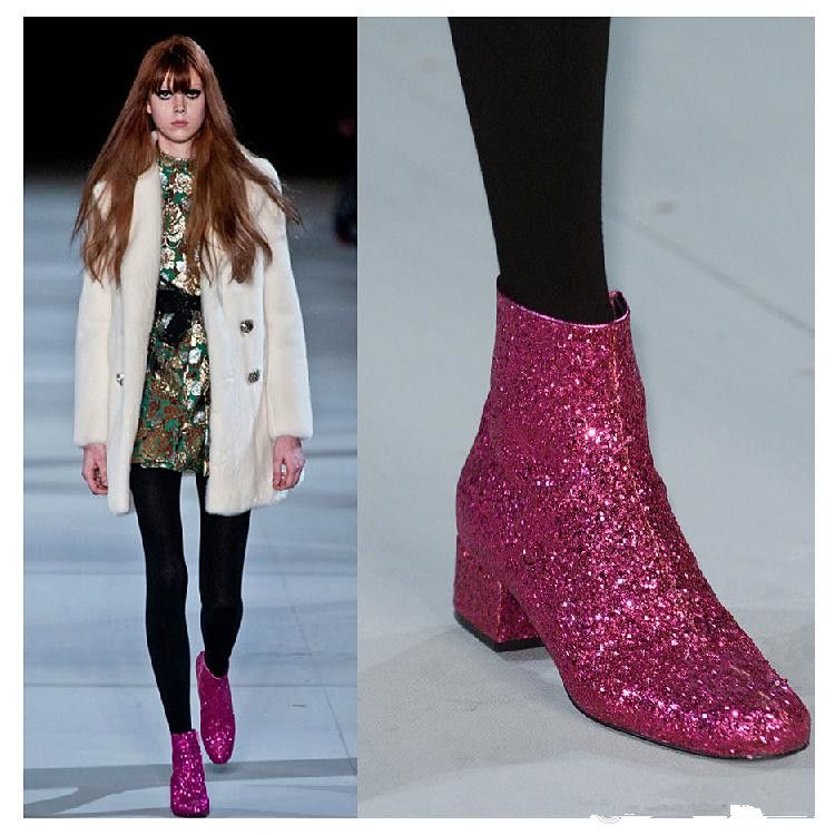 Feminina Luxury Designer Runway Shoes Glitter Shiny Booties Gold Silver ...