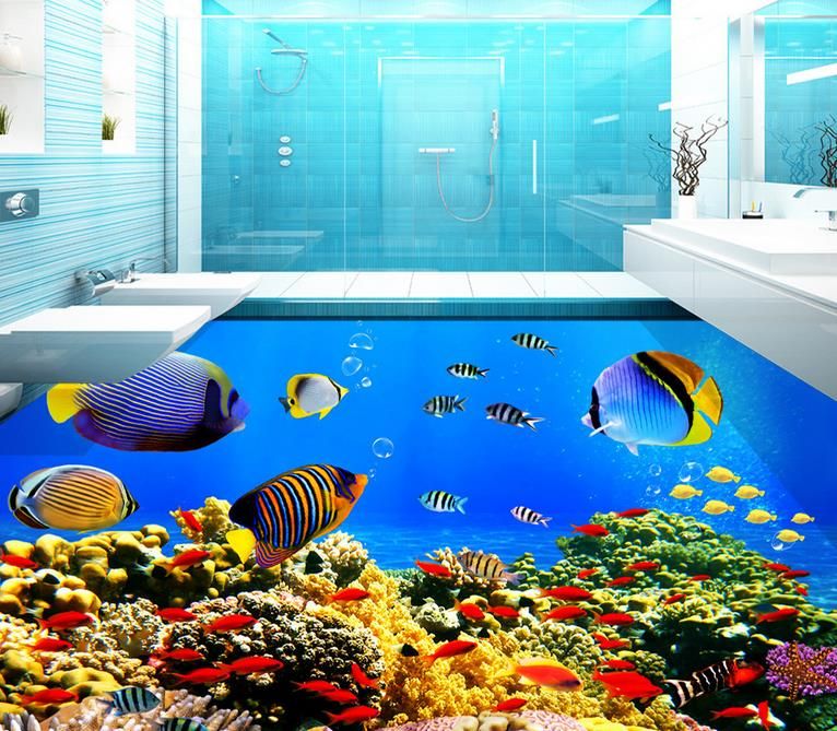 Vinyl Flooring Bathroom Seabed Tropical Fish 3D Floor Wall Papers Home ...